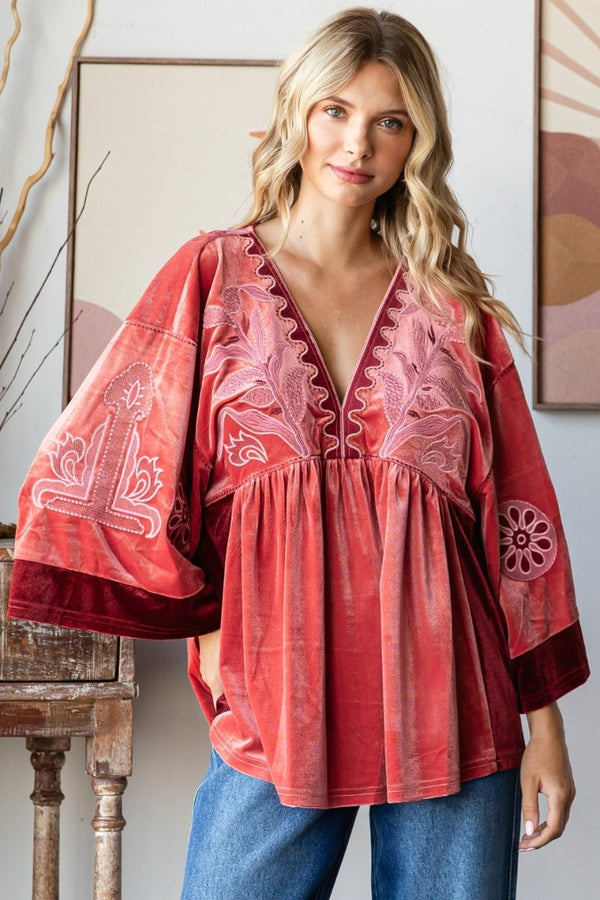 Rust Vintage Embroidered Velvet Top - The Dainty Cactus Boutique